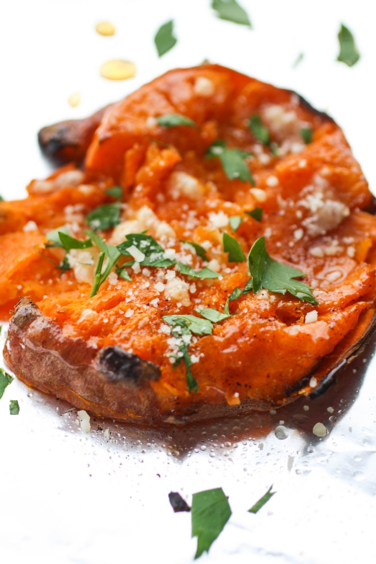 Maple Chipotle Parmesan Smashed Sweet Potatoes