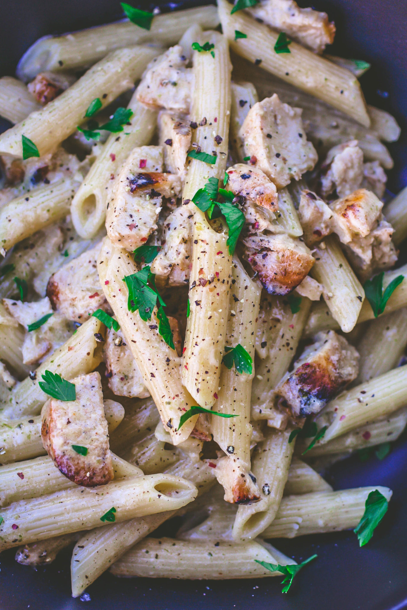 Pasta with Chicken in Creamy Poblano Sauce