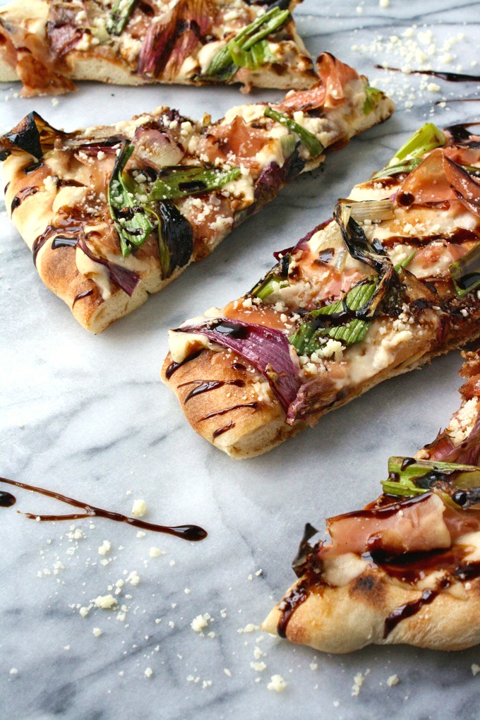 Grilled Flatbreads with Red Spring Onions, Prosciutto & White Bean Sauce